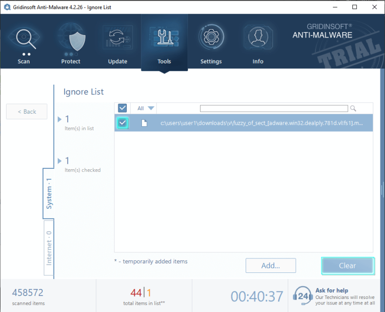 Ignore List in Gridinsoft Anti-Malware - Gridinsoft Help Center